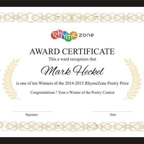 Create a beautiful award certificate for the RhymeZone Poetry Prize ...