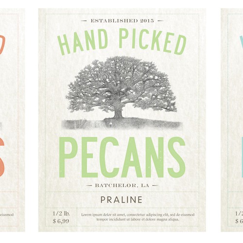Create a classic and fun label for packaged pecan candy and pies ...