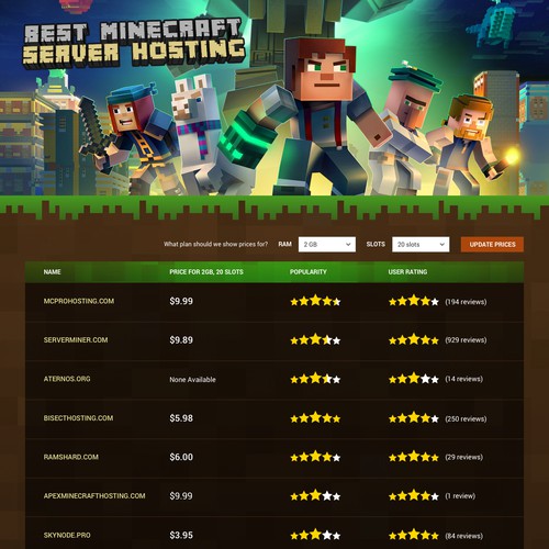Design a front page for a Minecraft hosting review site | Web page ...