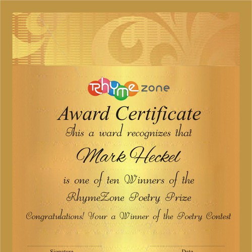 Create a beautiful award certificate for the rhymezone poetry prize ...