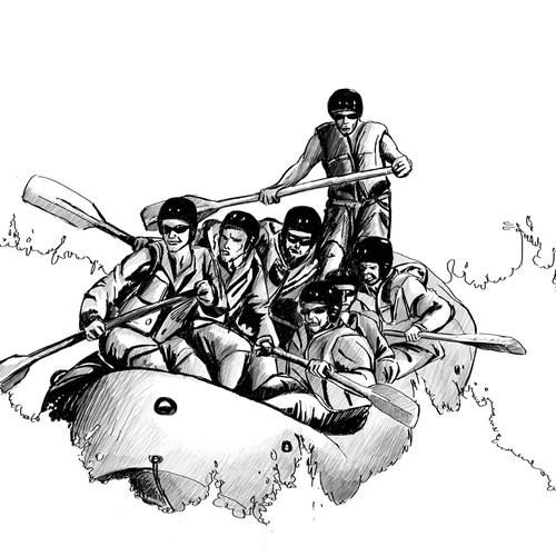 Create a line drawing of a river rafting scene | Other art or ...