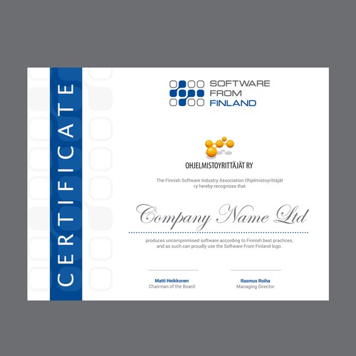 Design a convincing CERTIFICATE for Software From Finland | Poster contest