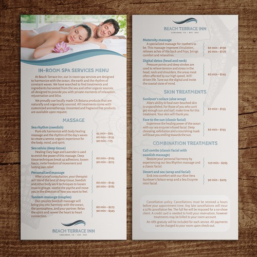 San Diego Beach Hotel: In-Room Spa Menu | Menu contest