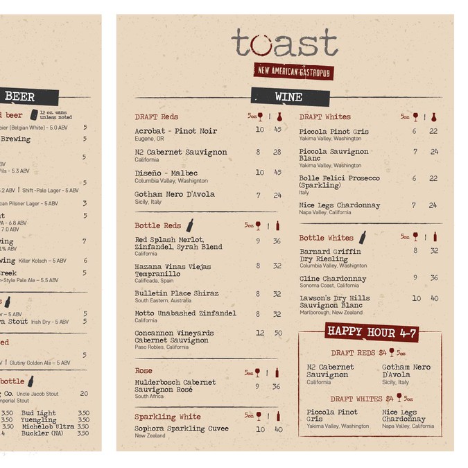 Toast, New American Gastropub Bar & Cocktail Menu Design | Menu contest