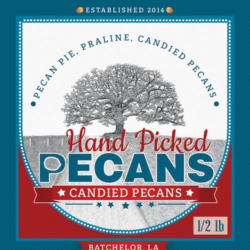 Create a classic and fun label for packaged pecan candy and pies ...