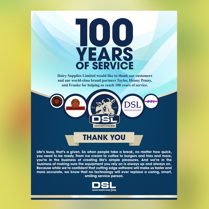 DSL 100 Years of Service "Thank You" Ad | Postcard, flyer or print contest