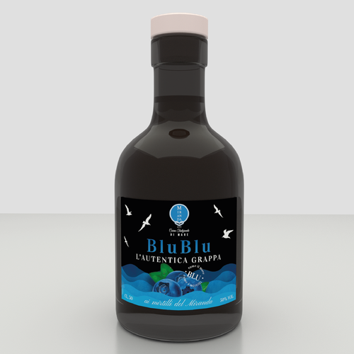 Create label for the liquor bottle: "BluBlu" - The only blueberry ...