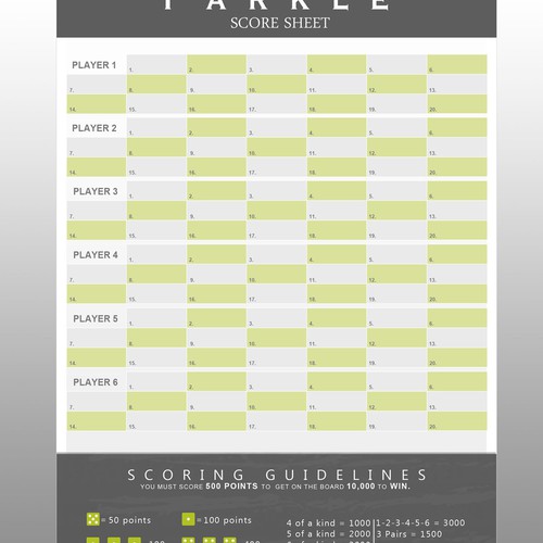 Design a custom score sheet for a popular dice game for the Funstructix ...