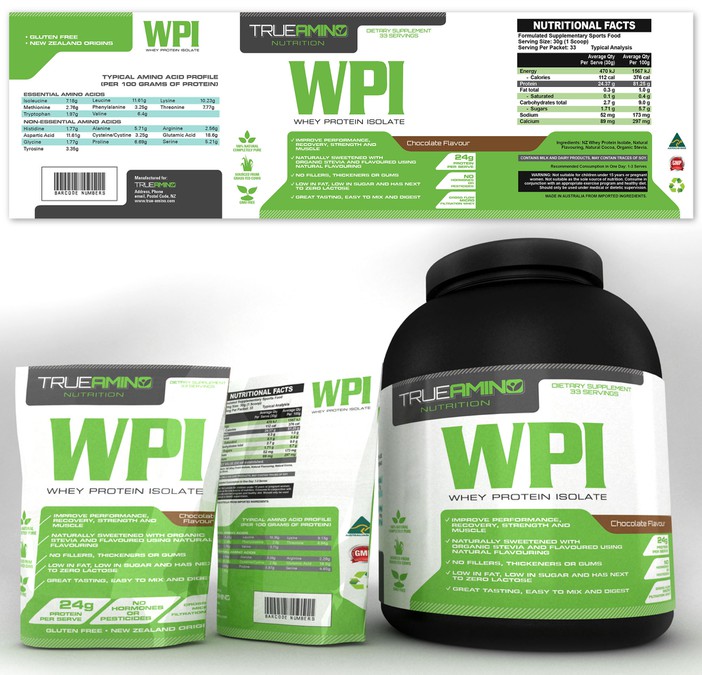 Create a logo and label for a new all natural whey protein supplement ...
