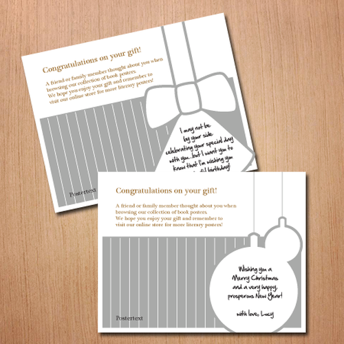 Design a gift note template for our literary poster company ...