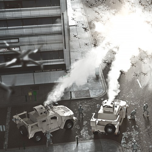 Illustrate a drone swarm attack and defense operation. | Illustration ...