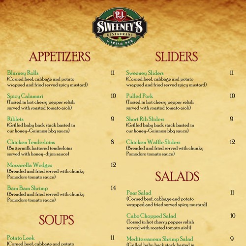 Irish Pub Menu Layout Contest | Menu contest