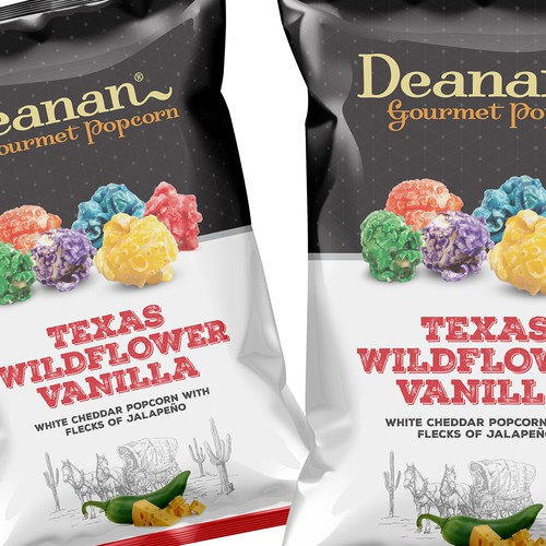 Design a "Popping" package for a new flavor of Deanan Gourmet Popcorn ...