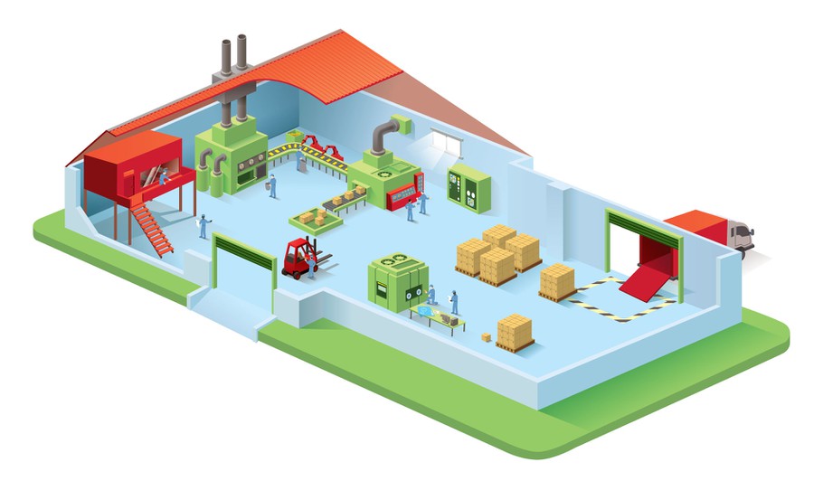 Create an isometric cut-away of an industrial/assembly factory ...
