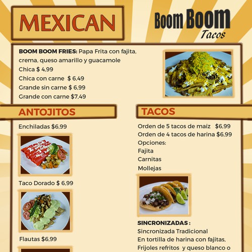 Boom Boom Tacos Menu | Menu contest