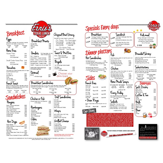 Ernies Texas Lunch 50s Diner Menu Redesign | Menu contest