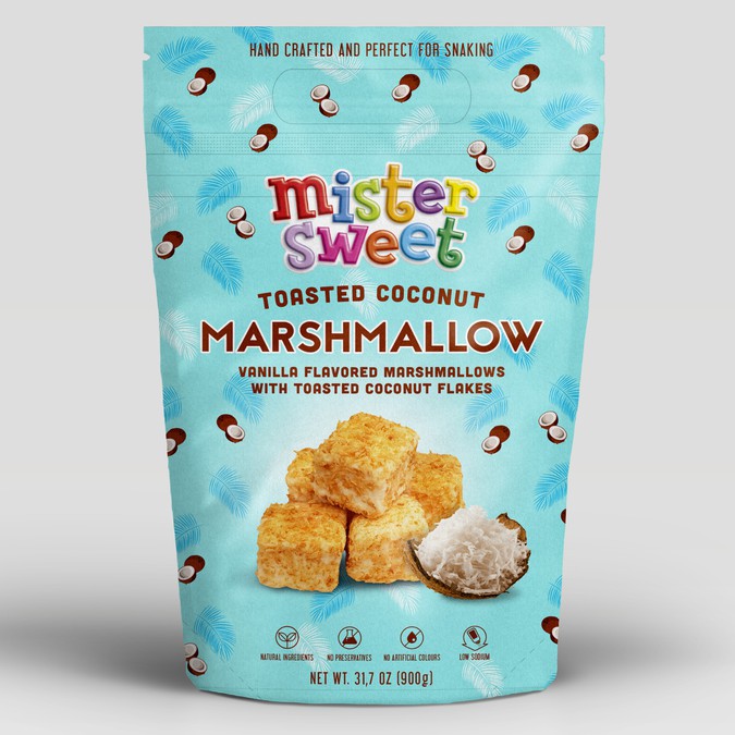 Create a delicious premium toasted coconut marshmallow packaging ...