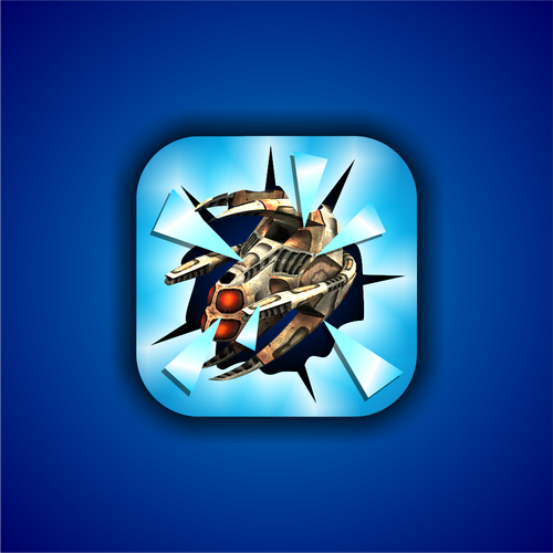App icon that is crips, clear and bright. Alien ship smashing through ...