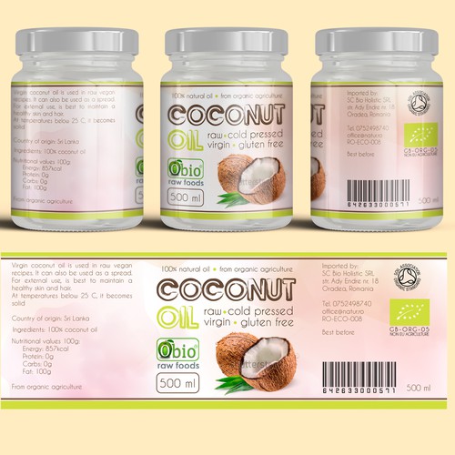 Create a modern and clean label for organic coconut oil 500ml jar ...