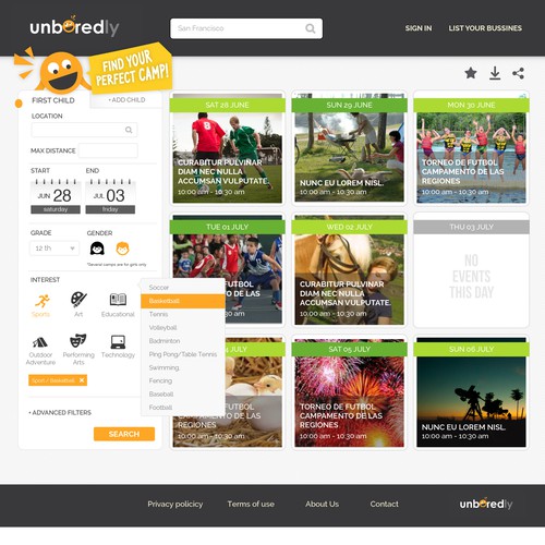 Modern and User Friendly web page design for an activity planning site ...