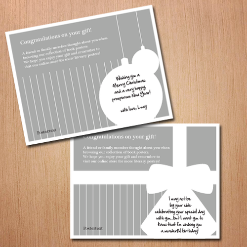 Design a gift note template for our literary poster company ...