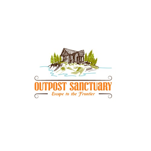 Design a logo that captures the look of a rugged outpost log cabin and ...