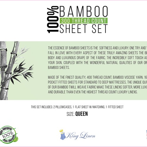 100% Bamboo Sheet Set Inserts | Product packaging contest
