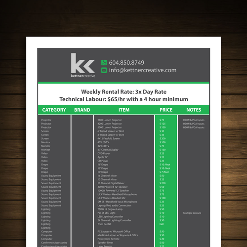 Price List for Audio/Visual Company | Stationery contest