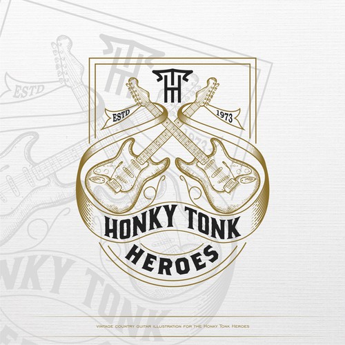 Create a vintage country guitar illustration for the Honky Tonk Heroes ...
