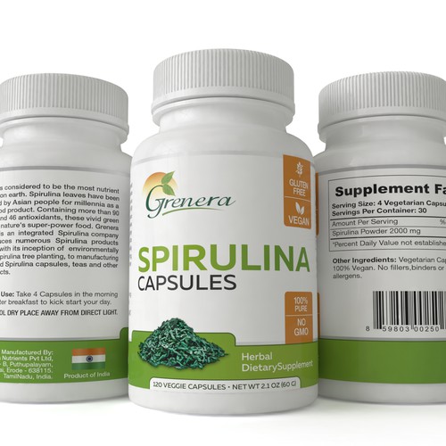 Spirulina, wheat grass Capsules - Label design | Product label contest