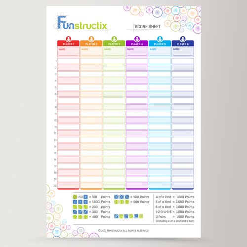 Design a custom score sheet for a popular dice game for the Funstructix ...