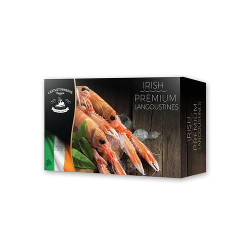 Create a packaging design for Irish Premium Langoustines (prawns). For ...