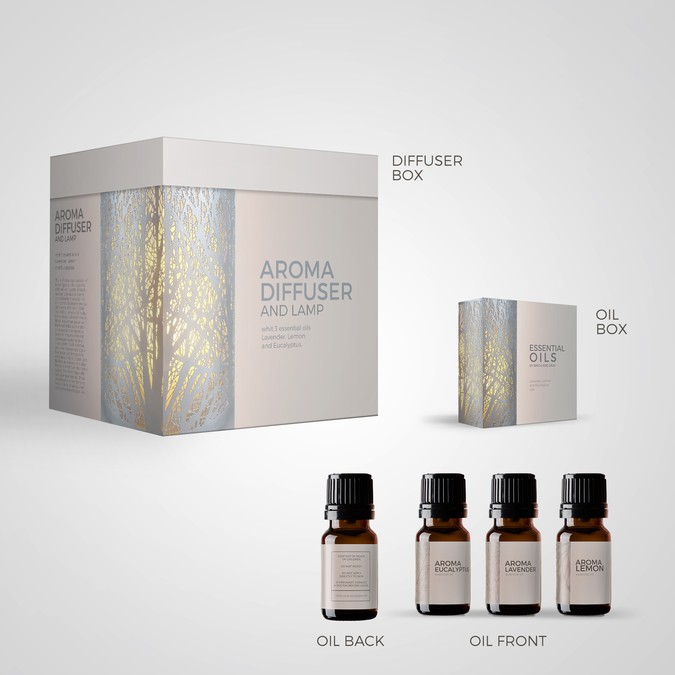 Create a standout packaging design for our Birch & Gray Aroma Diffuser ...