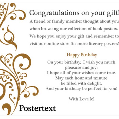 Design a gift note template for our literary poster company ...
