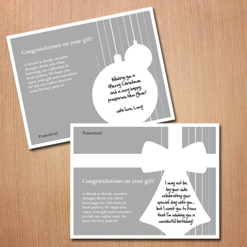 Design a gift note template for our literary poster company ...