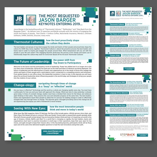 "One Sheet" and "Two Page" document for celebrated Author / Speaker ...