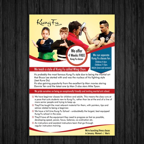 Create an outstanding A5 flyer for our Adults Kung Fu classes ...
