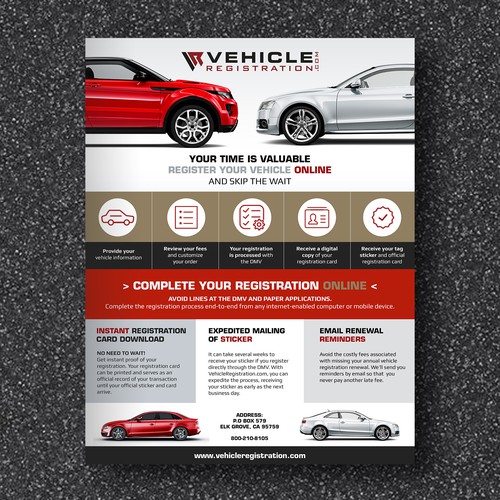 Designs | One-Page Flyer for VehicleRegistration.com | Postcard, flyer ...