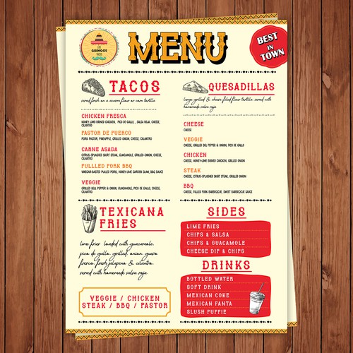 Designs | Vintage Looking Taco Menu Appealing For College Town | Menu ...
