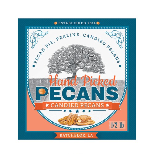 Create a classic and fun label for packaged pecan candy and pies ...