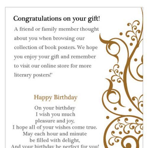 Design a gift note template for our literary poster company ...