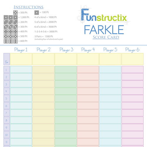 Design a custom score sheet for a popular dice game for the Funstructix ...