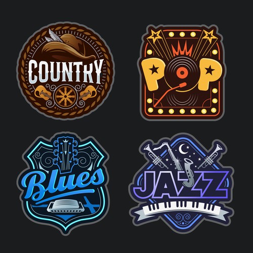 Designs | Design 4 music genre badges (rock, pop, Jazz, metal,...) for ...