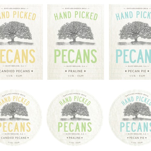 Create a classic and fun label for packaged pecan candy and pies ...