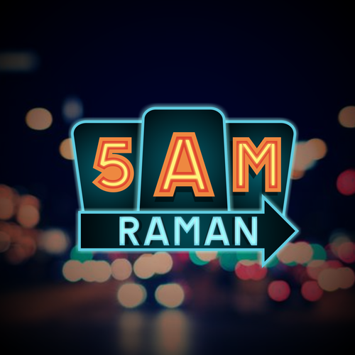 Create a fun, neon sign logo for wacky food/travel blog "5 AM Ramen ...