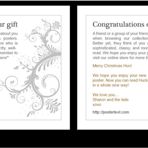 Design a gift note template for our literary poster company ...