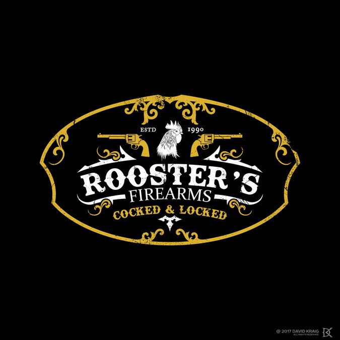 Create a western/vintage logo for a gun store called Rooster's Gun ...