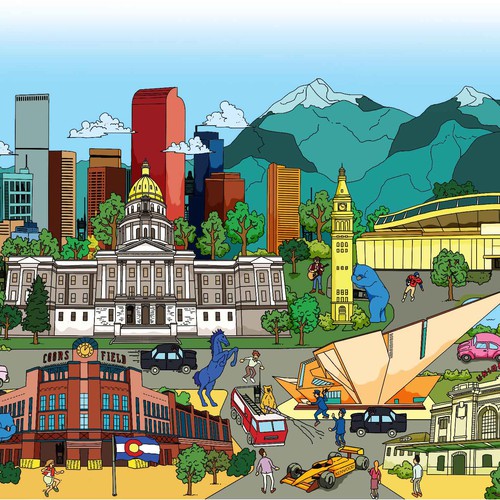 Illustrate a "Where's Waldo-style" mural of Denver, CO with iconic city ...
