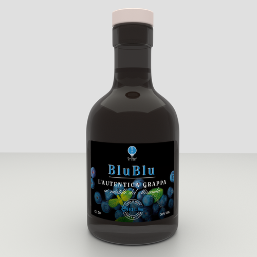 Create label for the liquor bottle: "BluBlu" - The only blueberry ...
