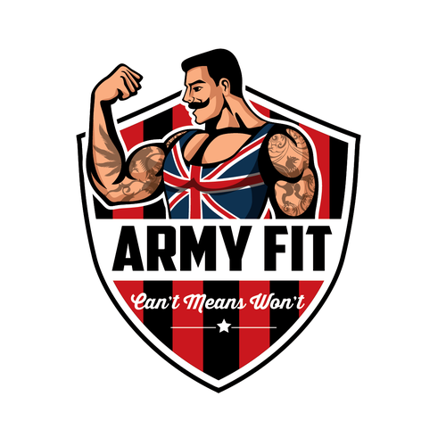 Create a fun old fashioned characature of body builder logo for Army ...